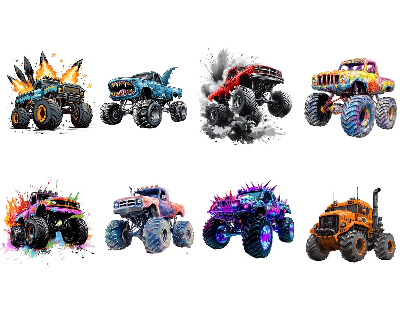 Monster Truck Clipart Bundle Png, Watercolor Monster Truck Clipart ...