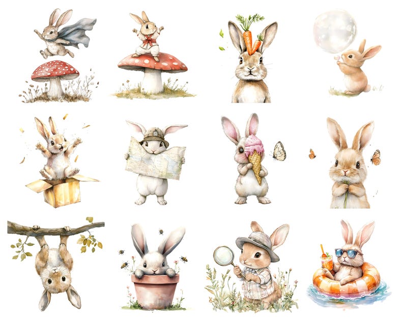 Funny Rabbit Clipart Png Bundle, Watercolor Funny Rabbit Clipart, Funny ...
