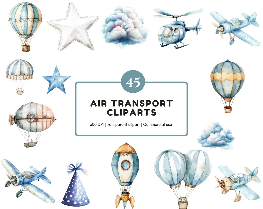 Watercolor Air Transport Clipart Bundle, Airplane, Balloons (instant ...