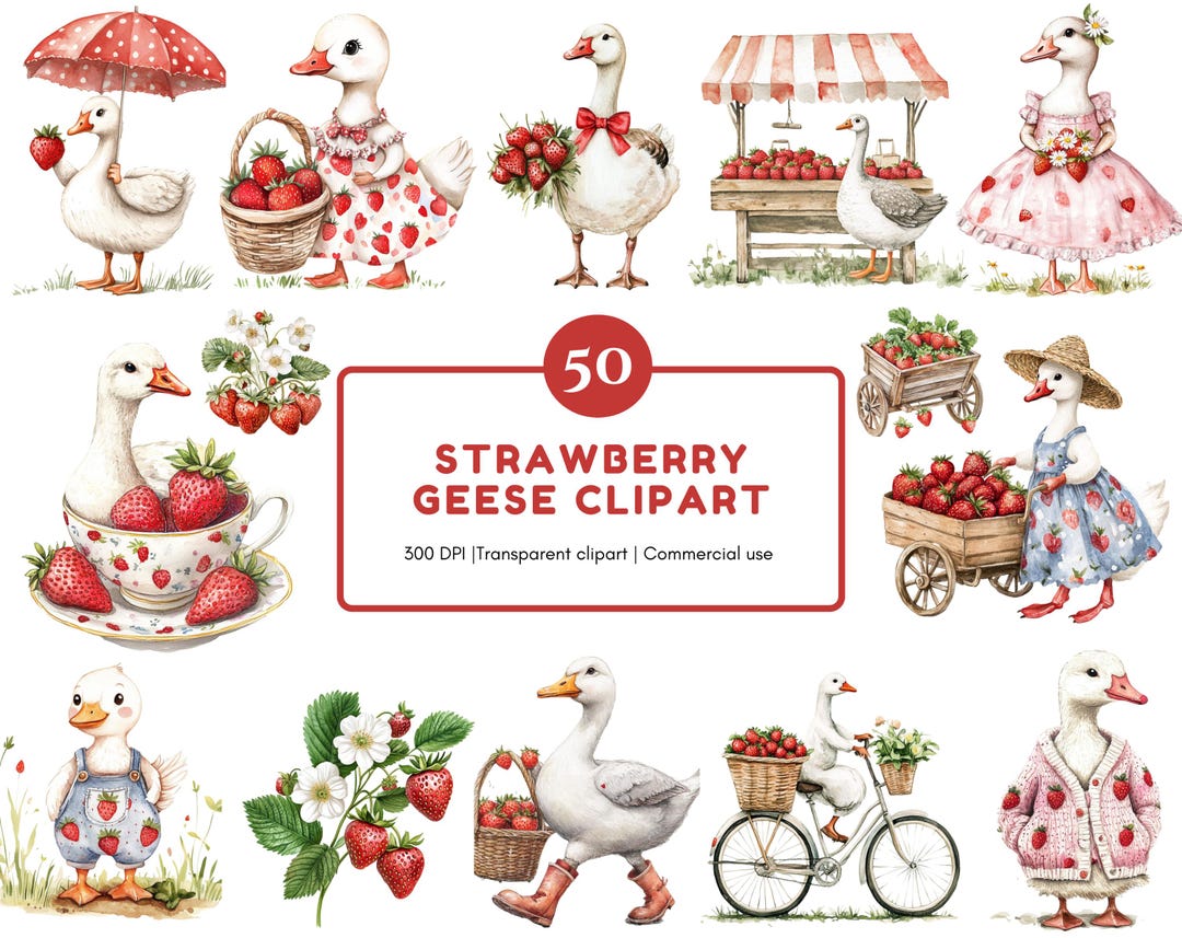 Strawberry Geese Clipart Png Bundle, Cute Goose Clipart, Cute Geese ...