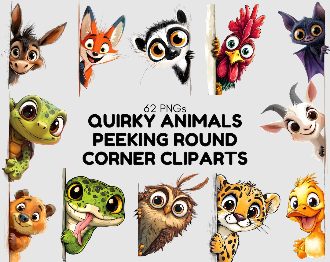 62 Whimsical Animal Peeking Around Corner Clipart, Humorous Animal ...