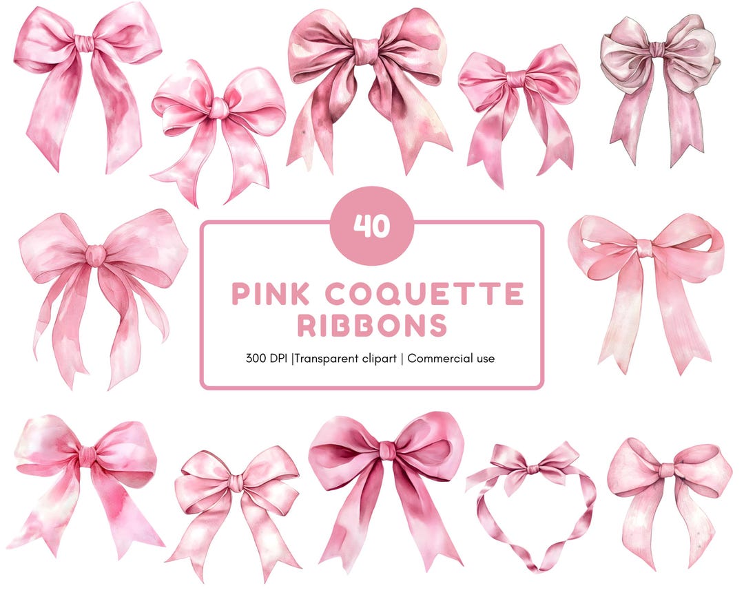 Pink Coquette Bow Clipart Bundle, Watercolor Pink Bow Ribbon Clipart ...