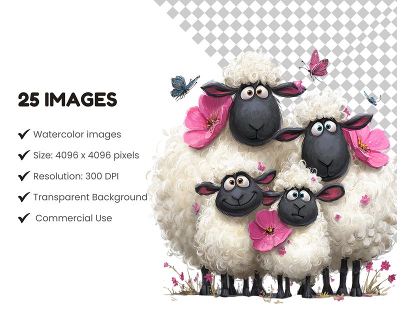 25 Quirky Sheep Clipart Bundle, Watercolor Quirky Sheep Png Set, Funny ...