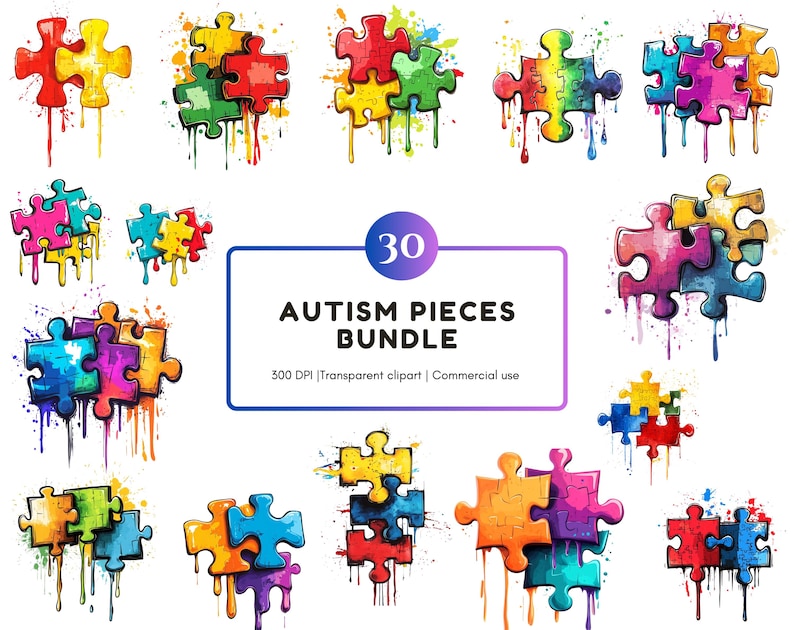 Watercolor Autism Piece Bundle Clipart, Autism Piece Clipart, Autism ...