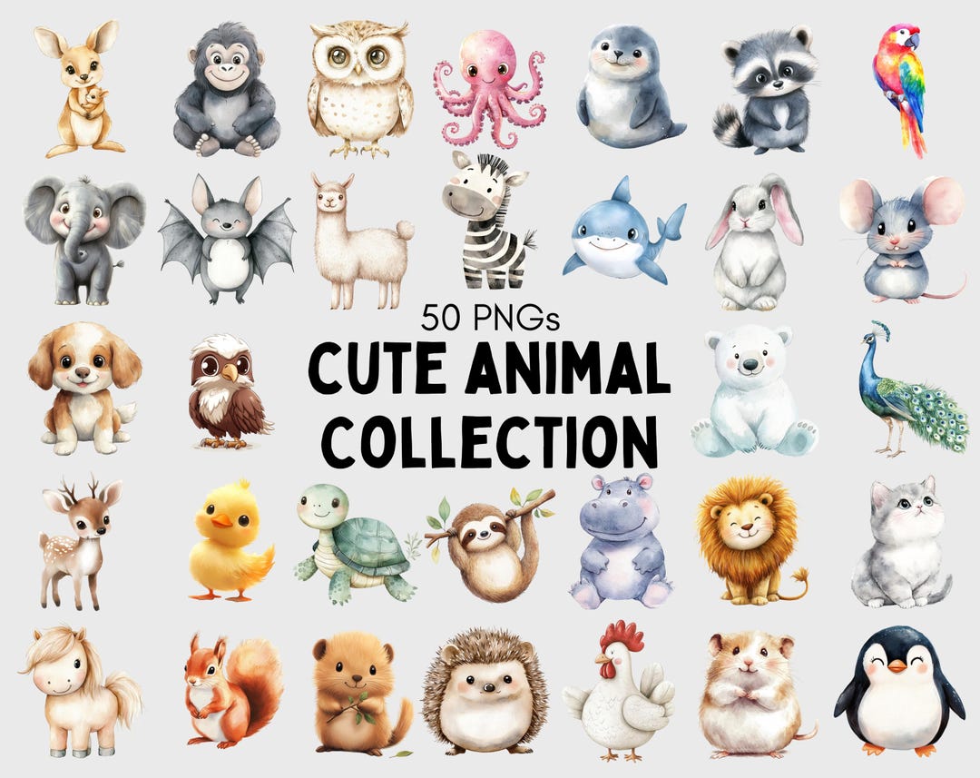 50 Cute Animal Clipart Png Bundle, Watercolor Cute Animal Clipart ...
