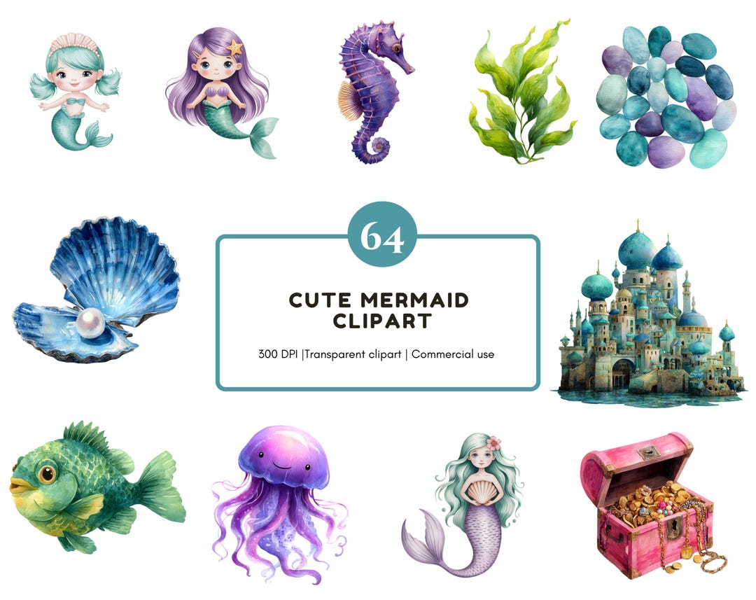 Watercolor Mermaid Clipart Png Bundle, Cute Mermaid Clipart Png, Under ...