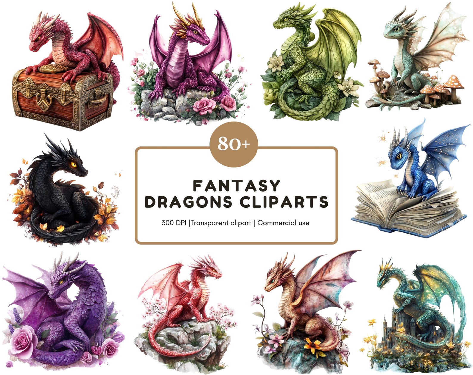 Fantasy Dragon Clipart Set, Dragon Clipart Png Bundle, Watercolor ...