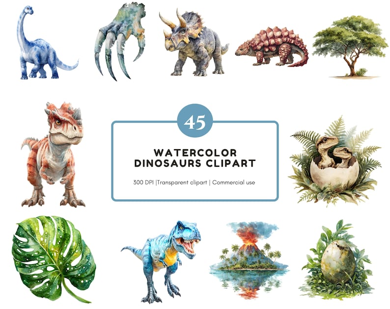 45 Dinosaur Clipart Bundle, Watercolor Dinosaur Png, Jurassic Dino ...