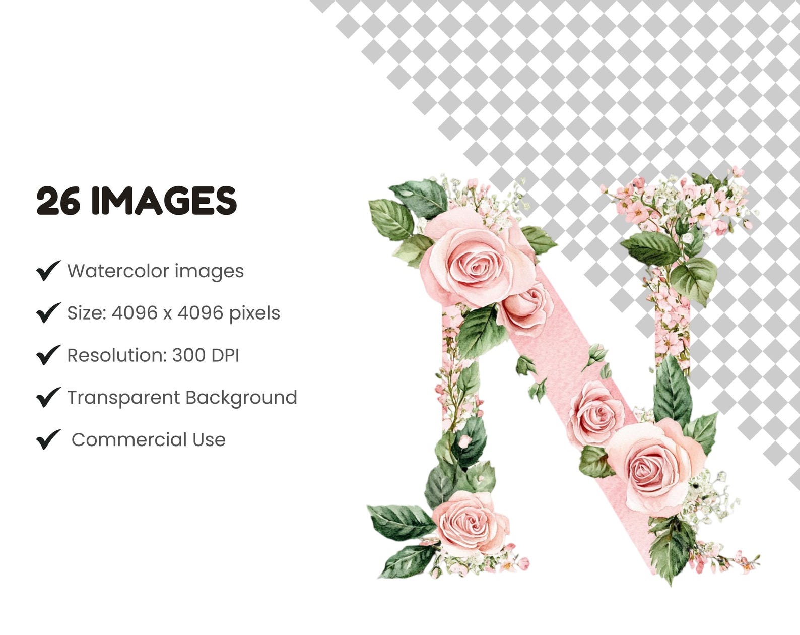 Watercolor Floral Alphabet Clipart. Pink Floral Alphabet Clipart ...