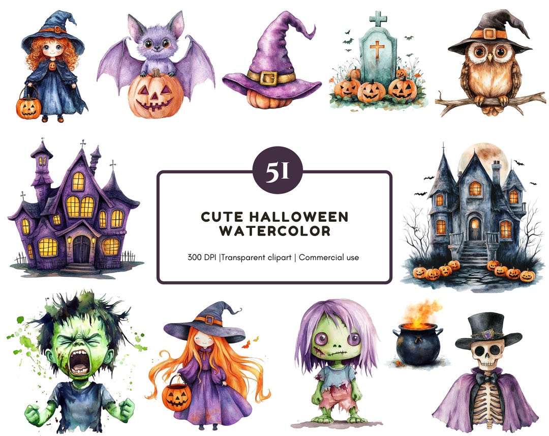 Watercolor Halloween Clipart Bundle, Cute Halloween Clipart Png, Witch ...