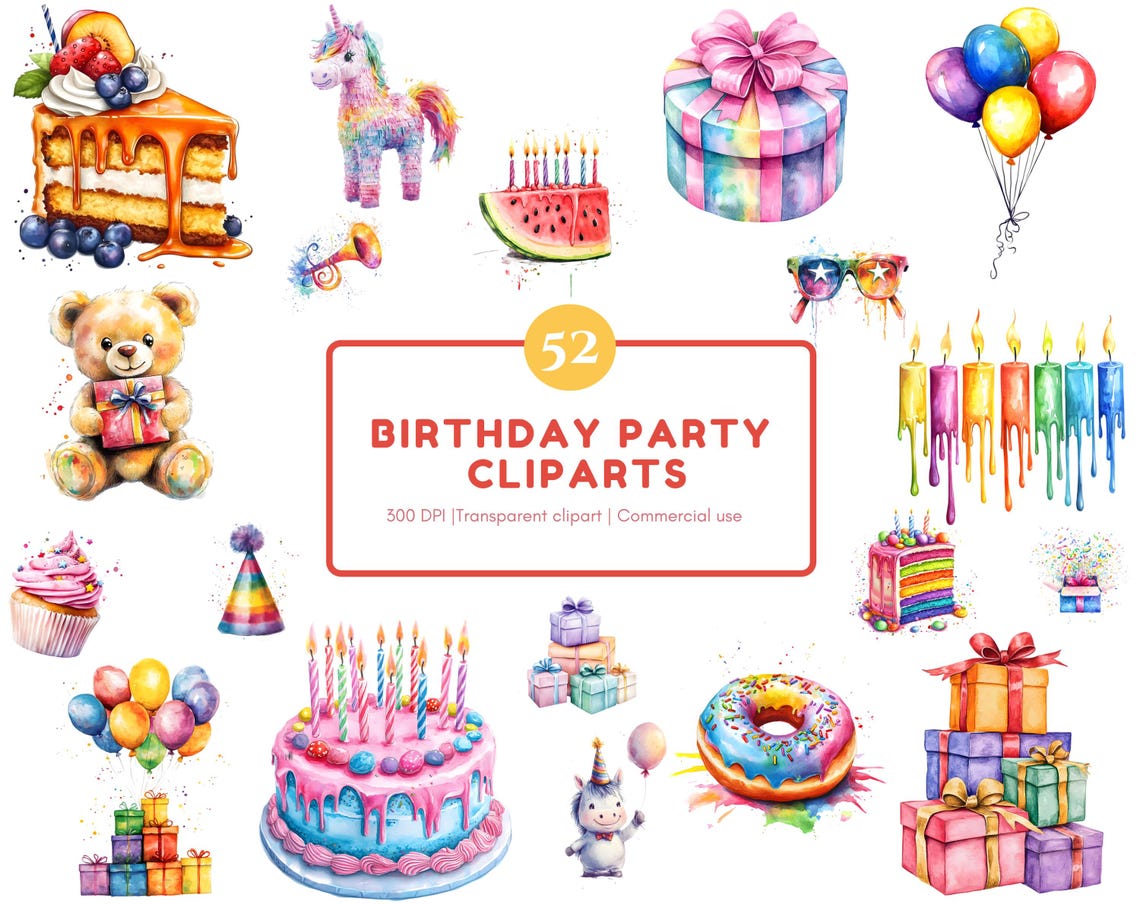 Watercolor Birthday Décor Clipart Png Bundle, Birthday Décor Clipart ...