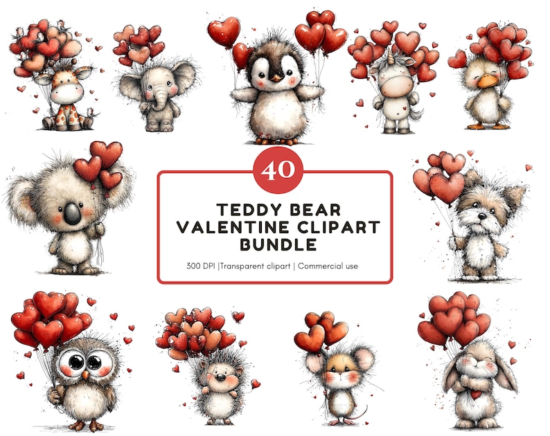 Valentine Teddy Bear Clipart Bundle, Valentine's Day Png, Animals With ...