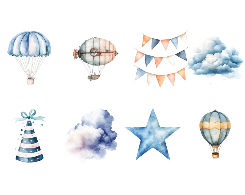 Watercolor Air Transport Clipart Bundle, Airplane, Balloons (instant ...
