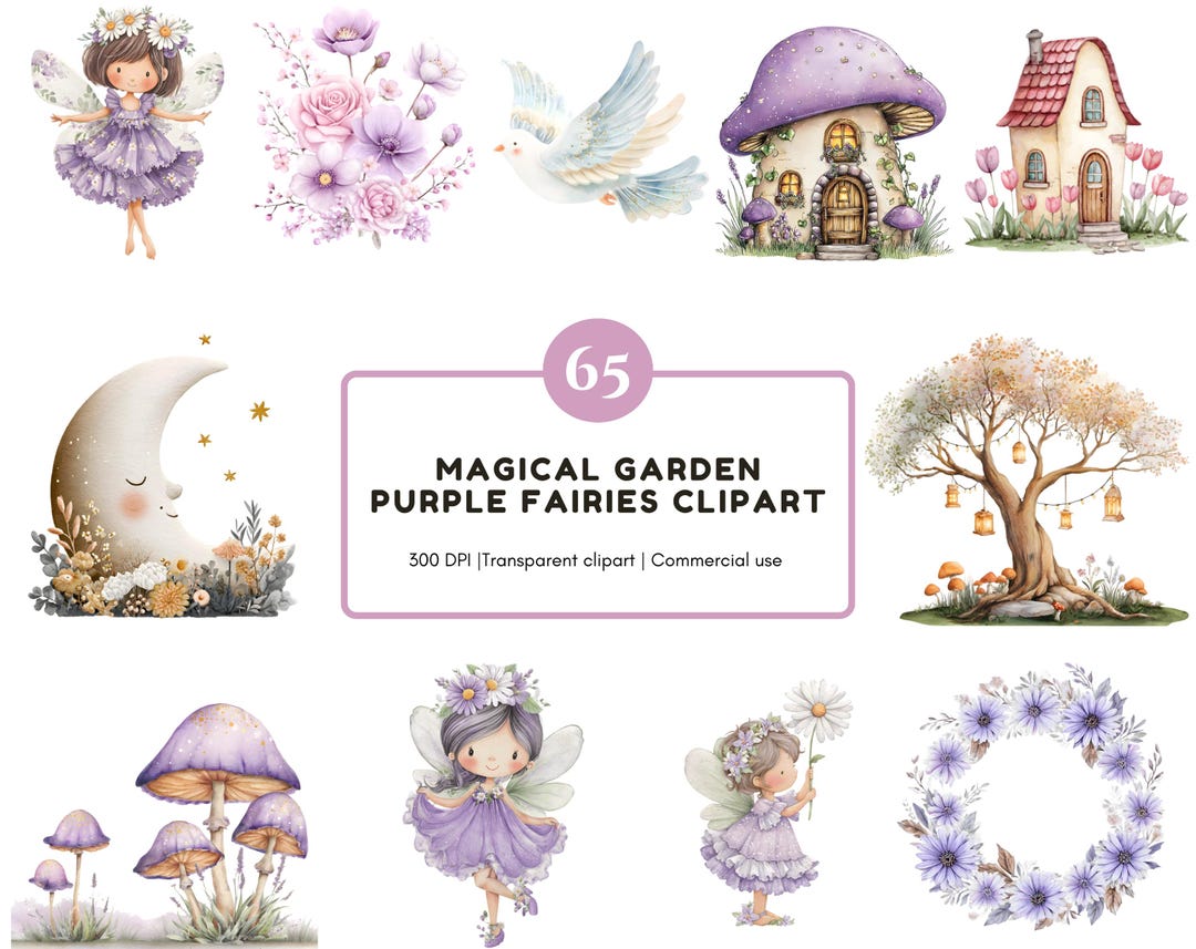 Watercolor Purple Fairies Clipart Bundle, Magical Garden Purple Fairies ...