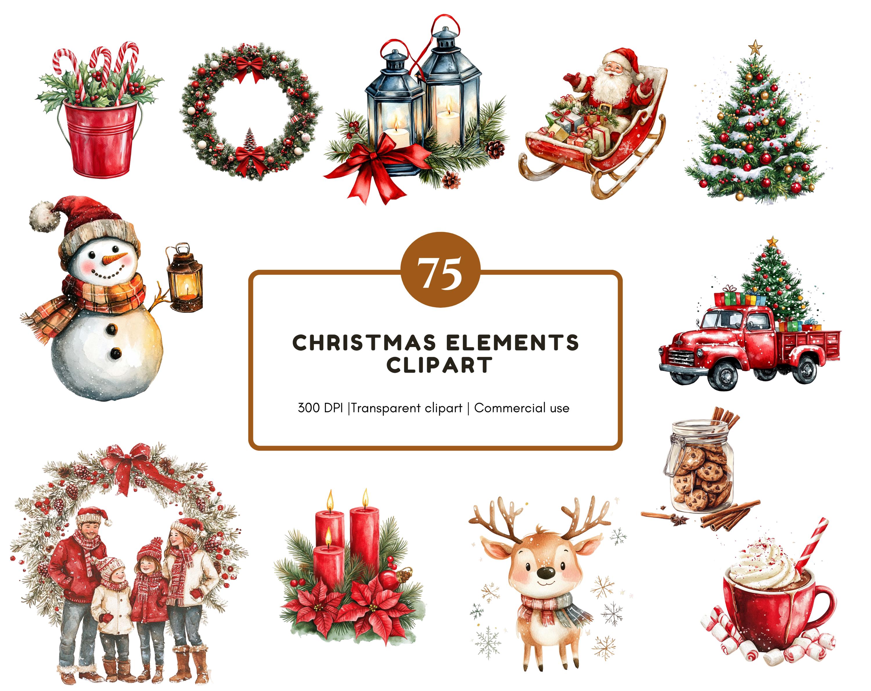 Christmas Elements Clipart Bundle Png, Watercolor Christmas Element ...