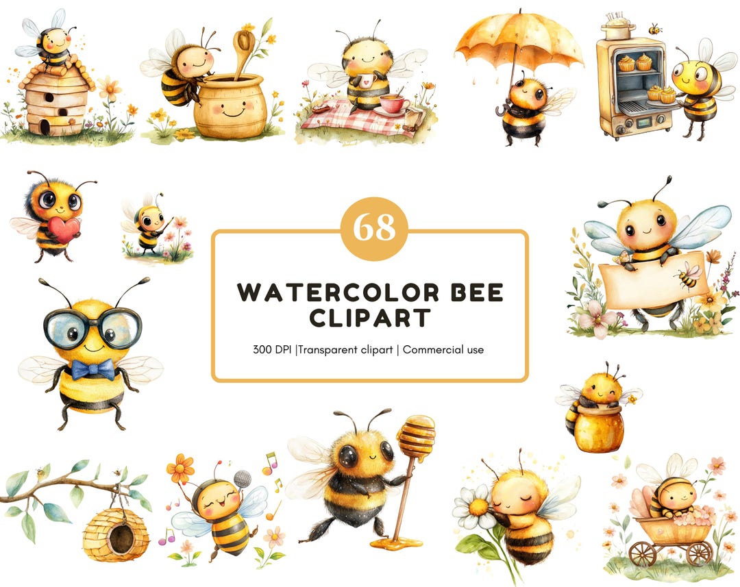 Bee Clipart Bundle Png, Watercolor Bee Clipart Set, Cute Bee Clipart ...