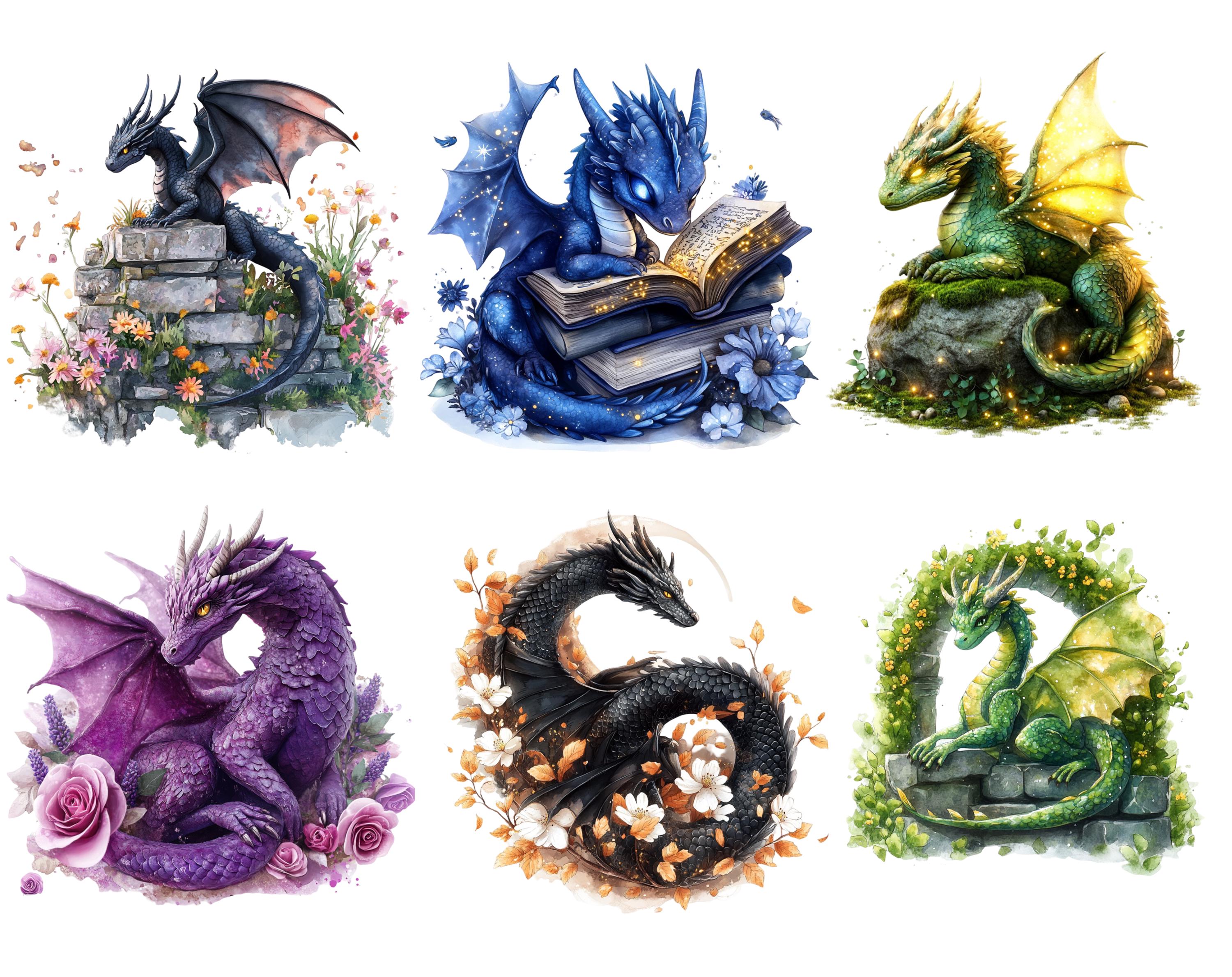 Fantasy Dragon Clipart Set, Dragon Clipart Png Bundle, Watercolor ...