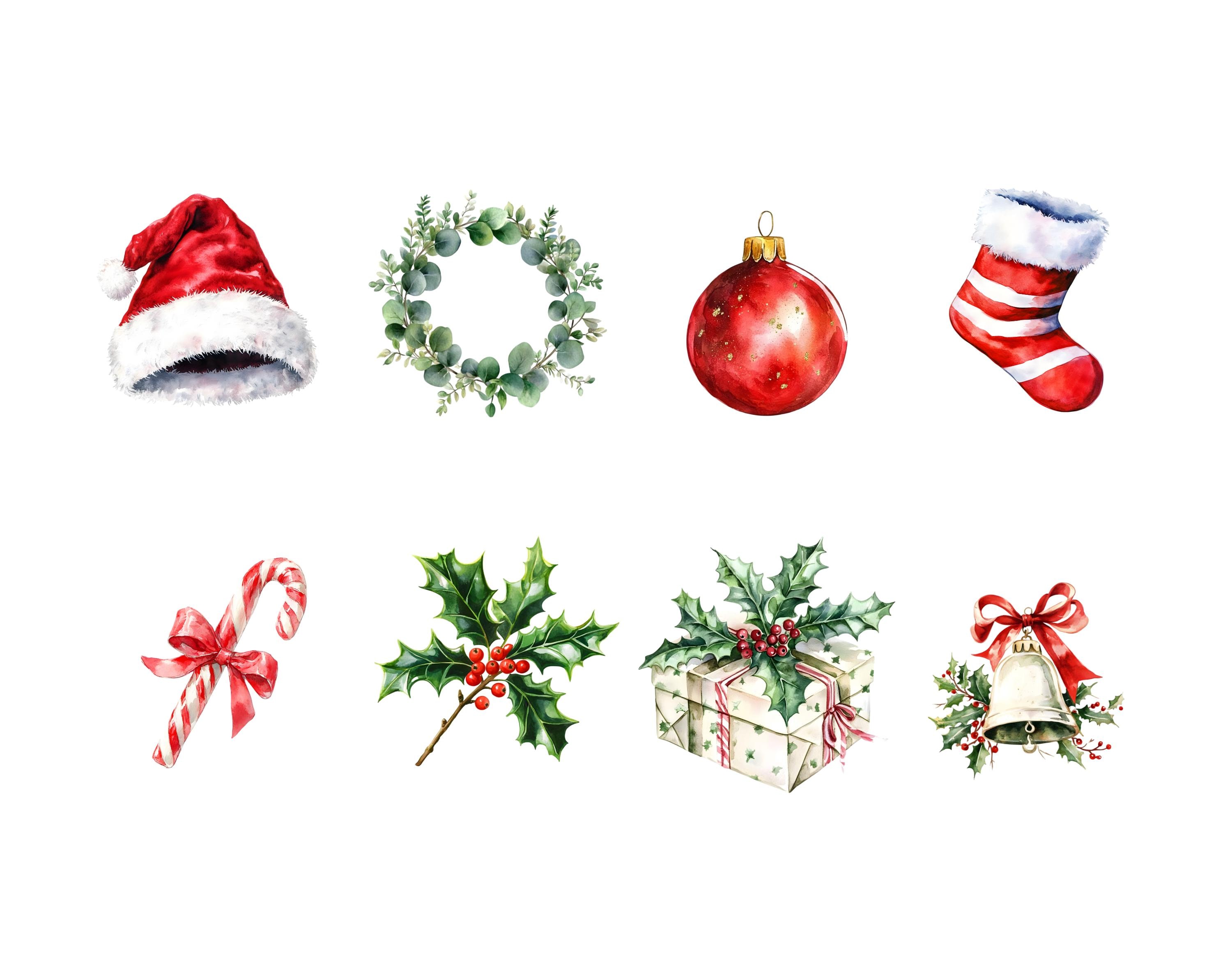 Watercolor Christmas Set Clipart Bundle Png, Christmas Elements Clipart ...