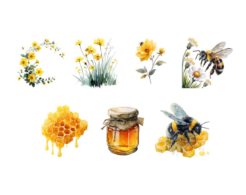 Watercolor Bee Clipart Png Bundle, Bees and Wildflower Clipart ...