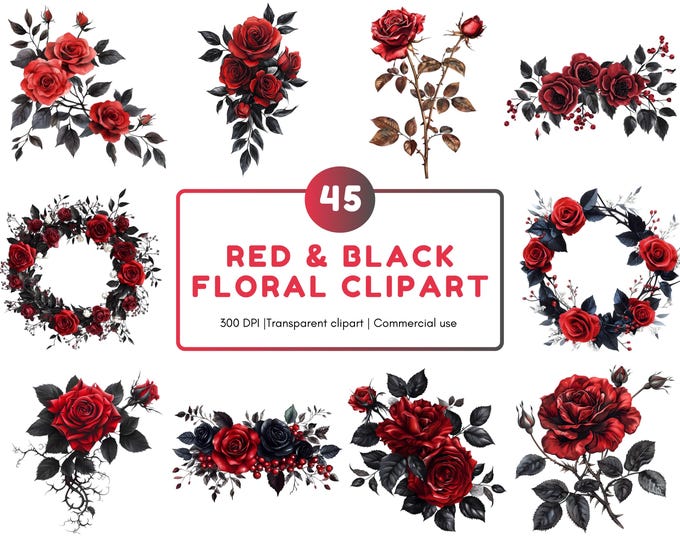 7 Black Red Roses Flowers Png, Printable Flowers Clipart, Printable ...