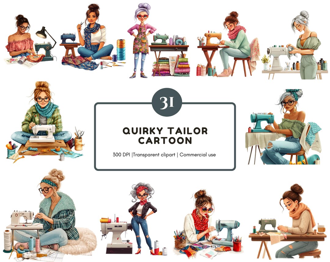 Stylish Women Sewing Machine Clipart, Funny Seamstress Clipart Png ...