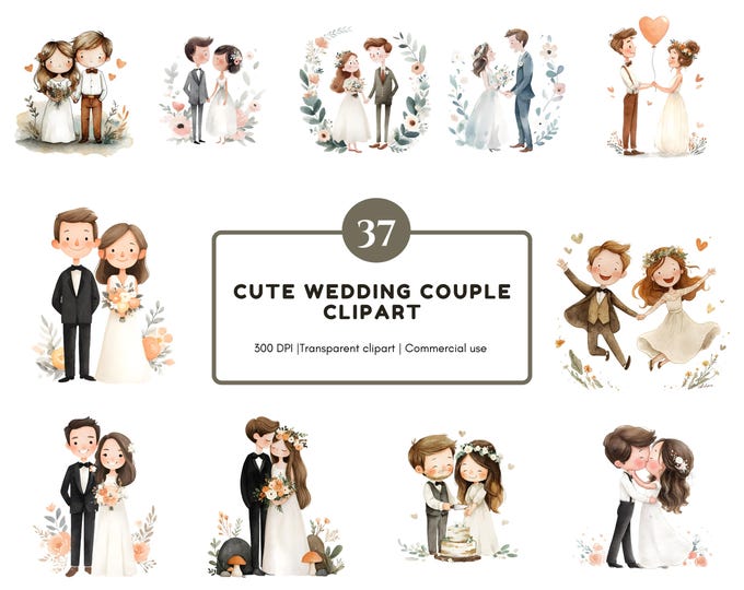 10 Cute Wedding Couple Clipart, Bride and Groom Printable Images, Love ...