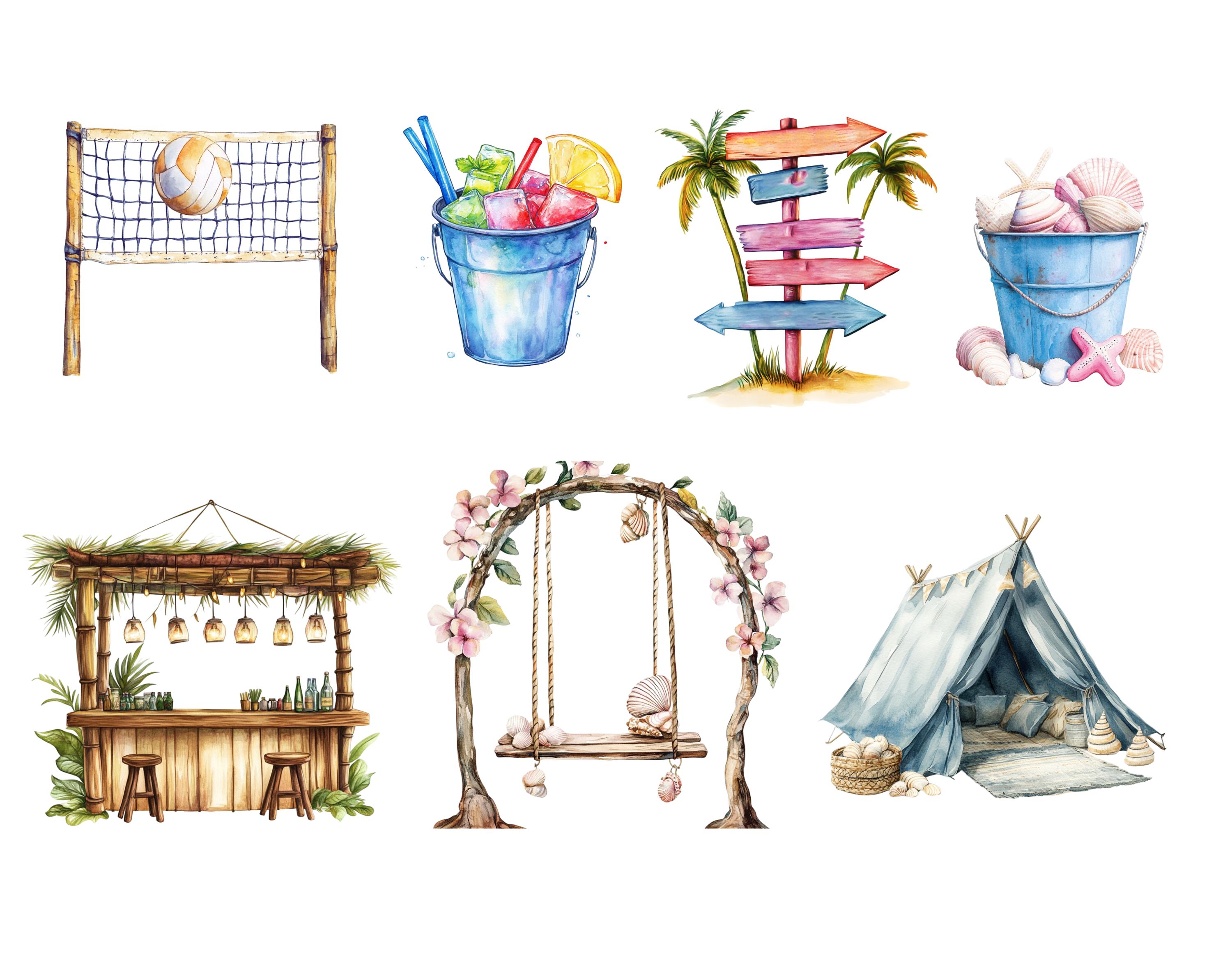 Summer Clipart Png, Beach Clipart Png Bundle, Watercolor Beach Clipart ...