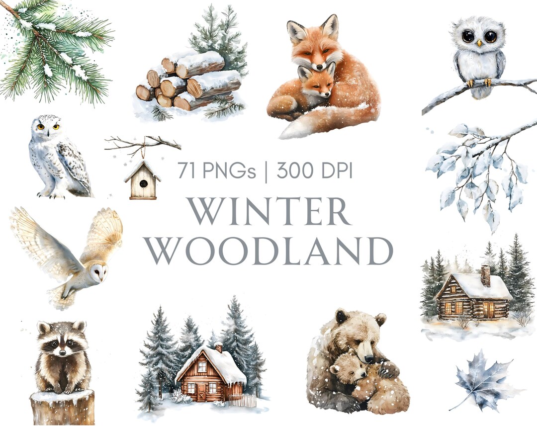 Winter Woodland Clipart Bundle, Watercolor Winter Woodland Clipart ...