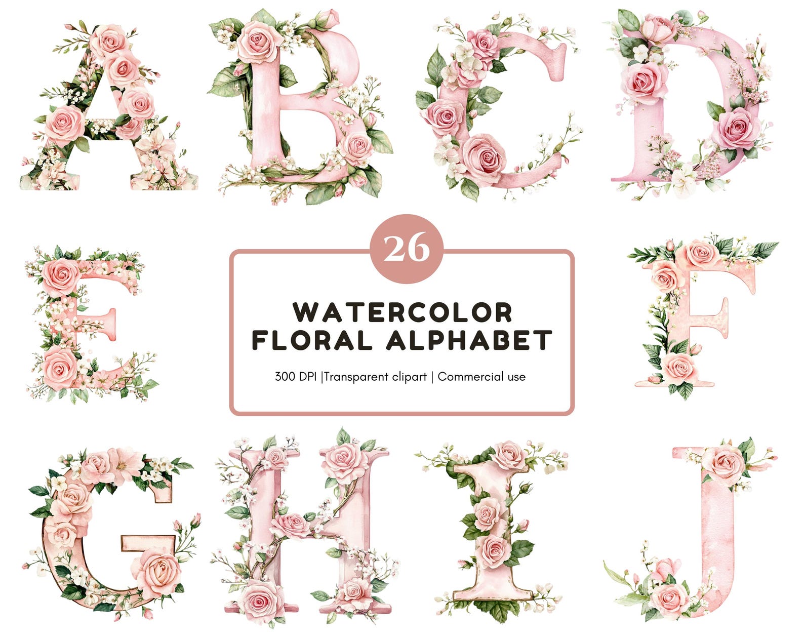 Watercolor Floral Alphabet Clipart. Pink Floral Alphabet Clipart ...