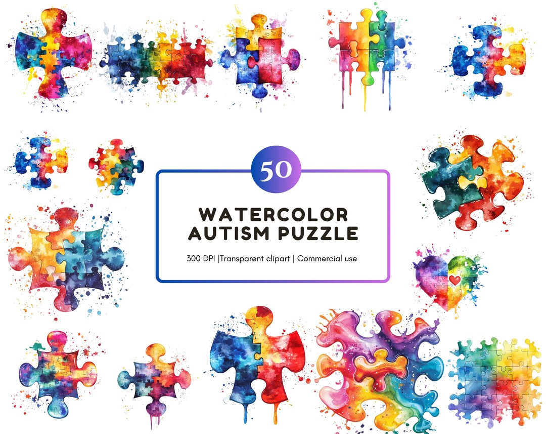 Watercolor Autism Awareness Clipart Bundle, Colorful Puzzle Piece ...