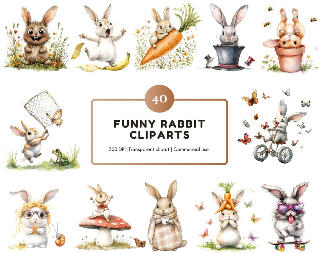 Funny Rabbit Clipart Png Bundle, Watercolor Funny Rabbit Clipart, Funny ...