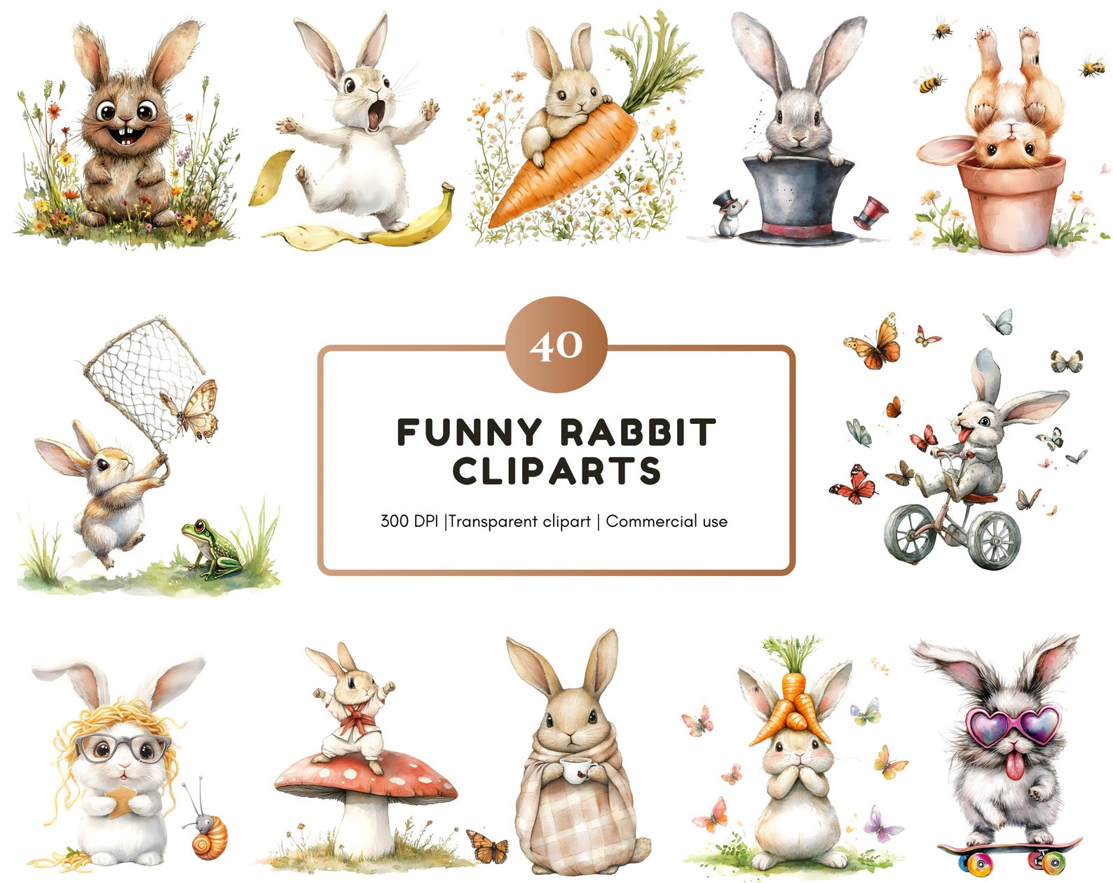 Funny Rabbit Clipart Png Bundle, Watercolor Funny Rabbit Clipart, Funny ...