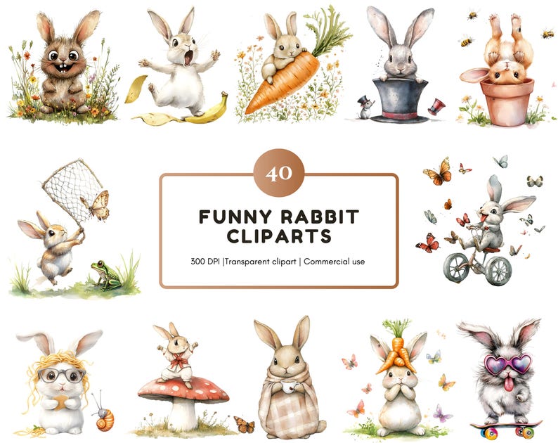 Funny Rabbit Clipart Png Bundle, Watercolor Funny Rabbit Clipart, Funny ...