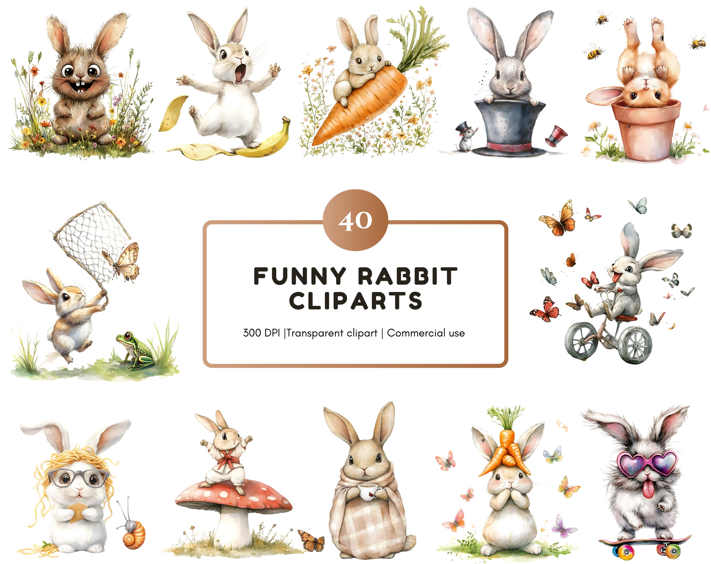 Funny Rabbit Clipart Png Bundle, Watercolor Funny Rabbit Clipart, Funny ...