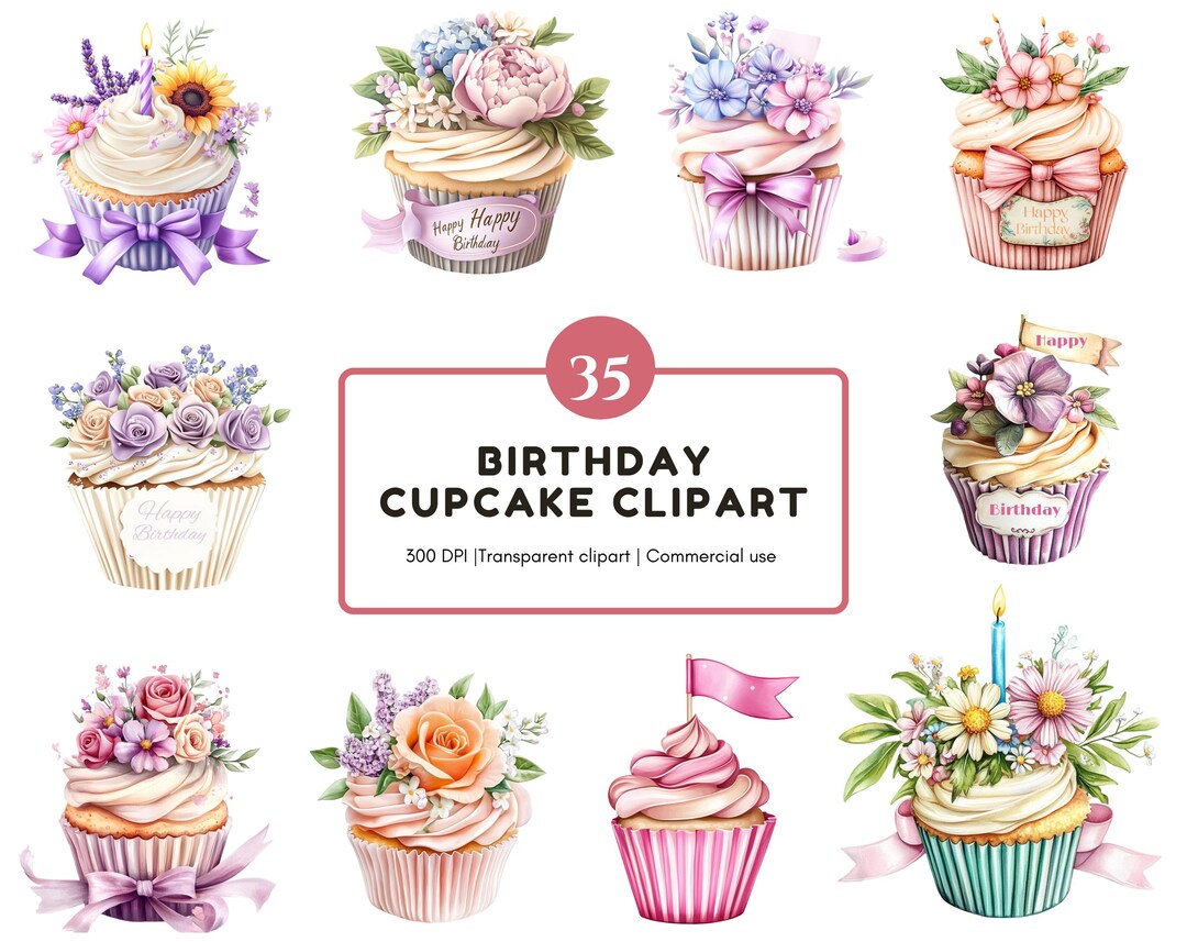 Watercolor Birthday Cupcake Clipart Png Bundle, Birthday Cake Clipart ...
