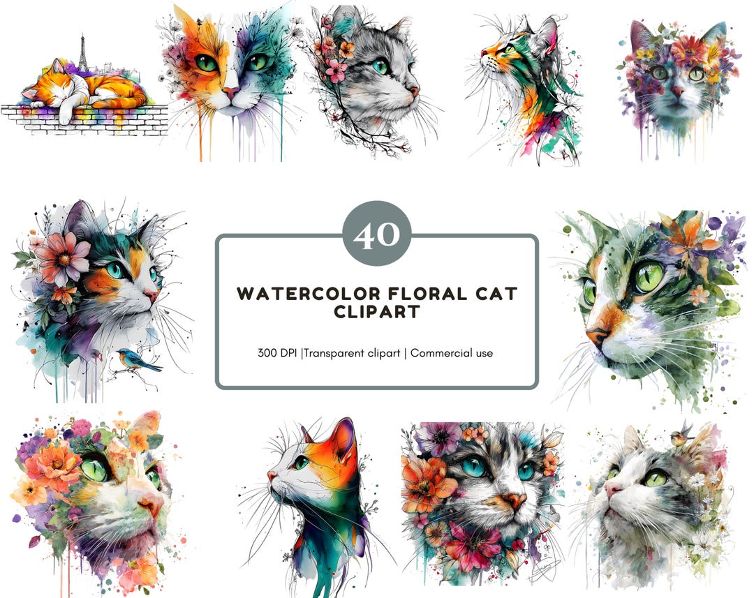 Watercolor Floral Cat Clipart Bundle, Abstract Flower Cat Png ...