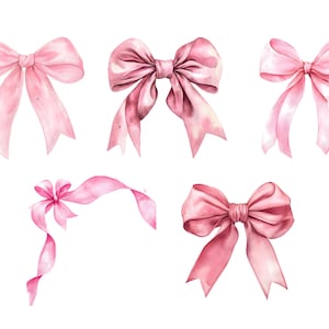 Pink Coquette Bow Clipart Bundle, Watercolor Pink Bow Ribbon Clipart ...
