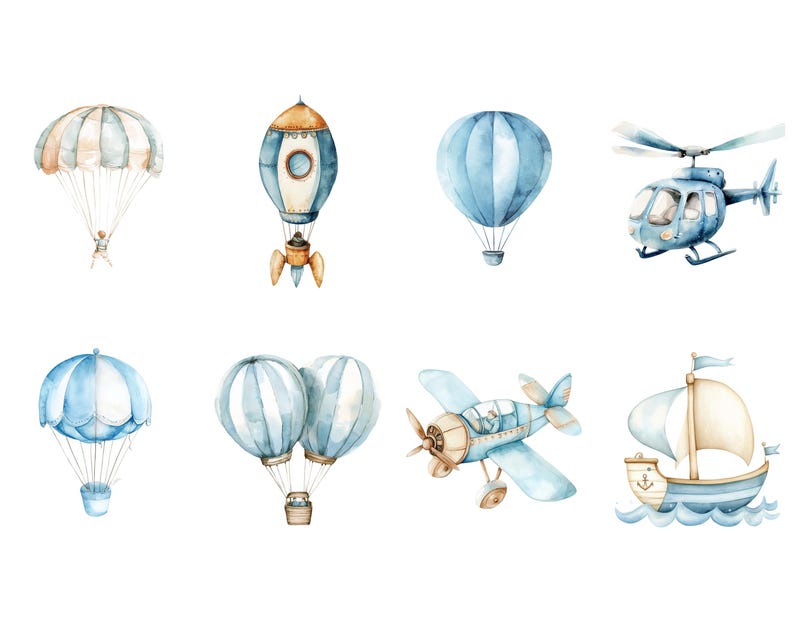 Watercolor Air Transport Clipart Bundle, Airplane, Balloons (instant ...