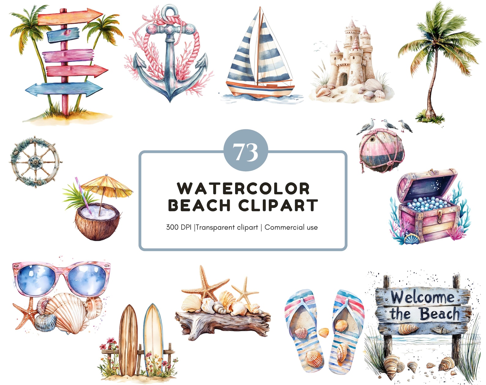 Summer Clipart Png, Beach Clipart Png Bundle, Watercolor Beach Clipart ...