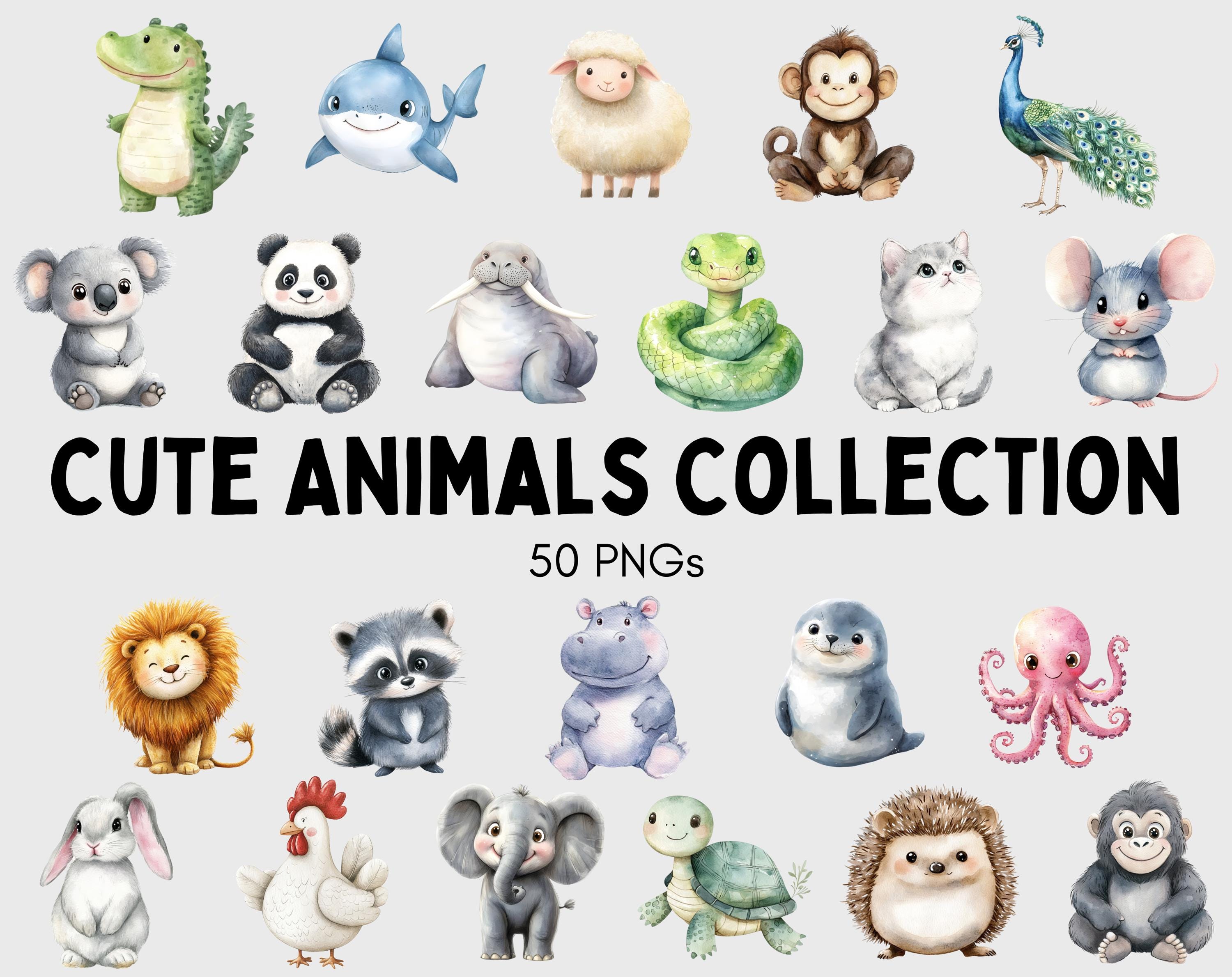50 Cute Animal Clipart Png Bundle, Watercolor Cute Animal Clipart ...