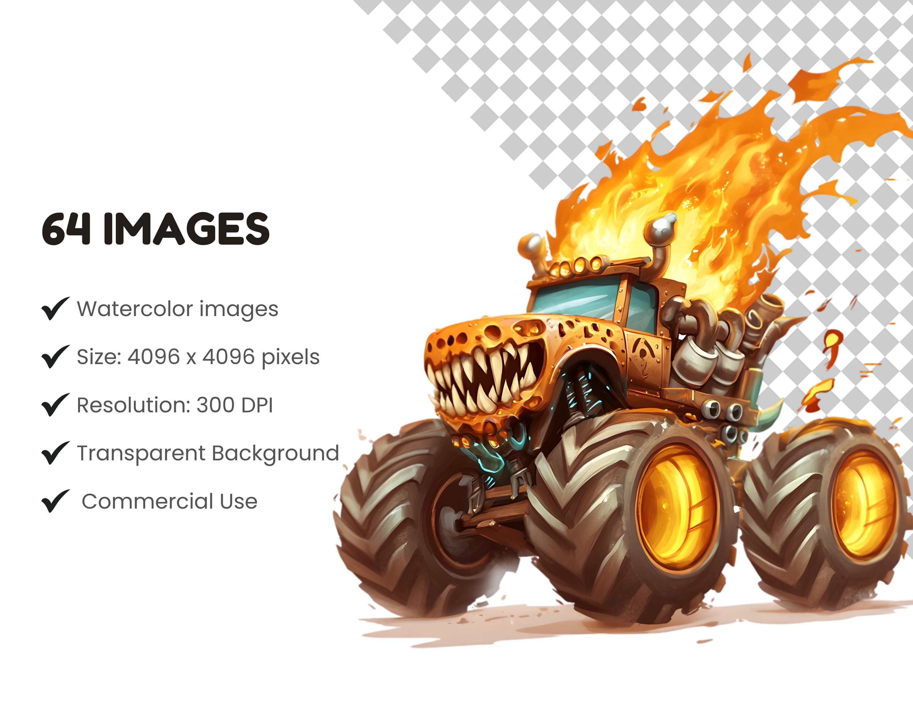 Watercolor Monster Truck Clipart Bundle, Racing Truck PNG (digital ...