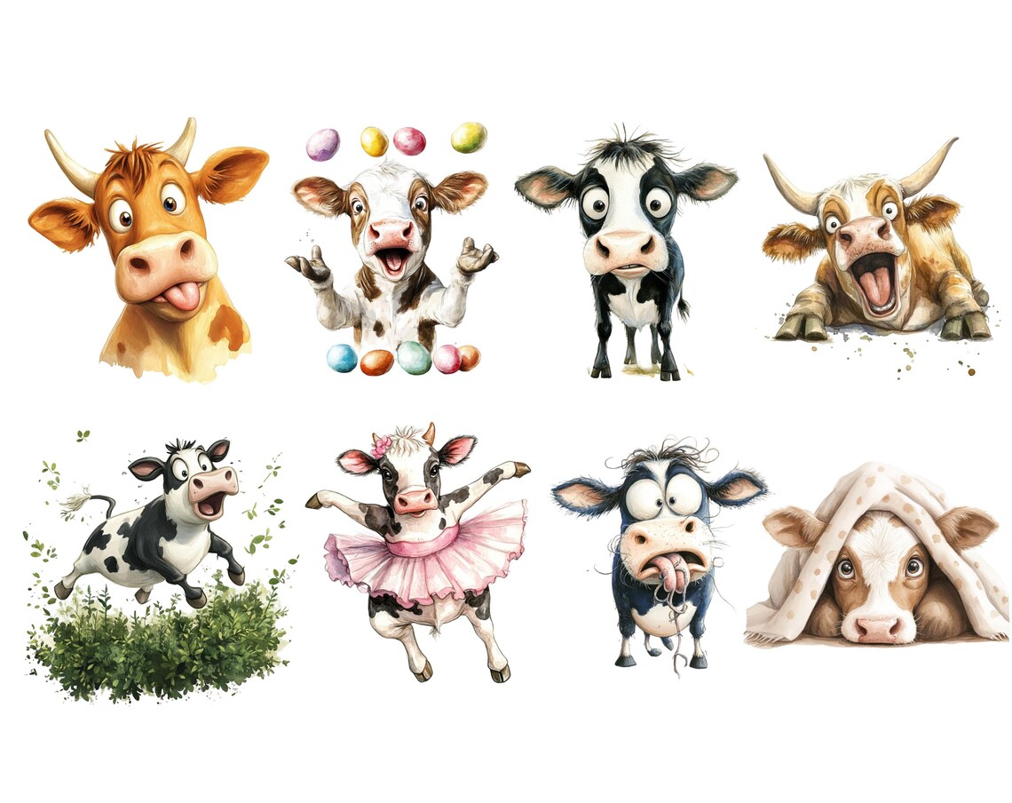 Crazy Cow Clipart, Funny Cow Clipart Png Bundle, Cow Clipart Png, Cute ...