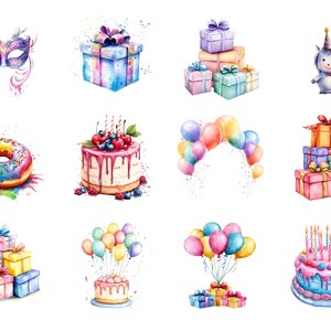 Watercolor Birthday Décor Clipart Png Bundle, Birthday Décor Clipart ...