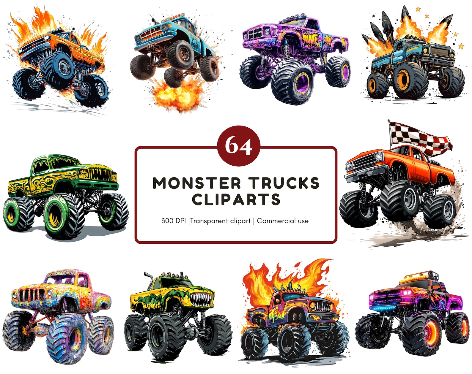 Monster Truck Clipart Bundle Png, Watercolor Monster Truck Clipart ...