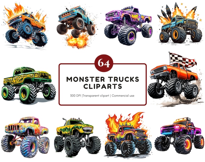 Watercolor Monster Trucks 42 PNG, Monster Cars Clipart Bundle, Monster ...