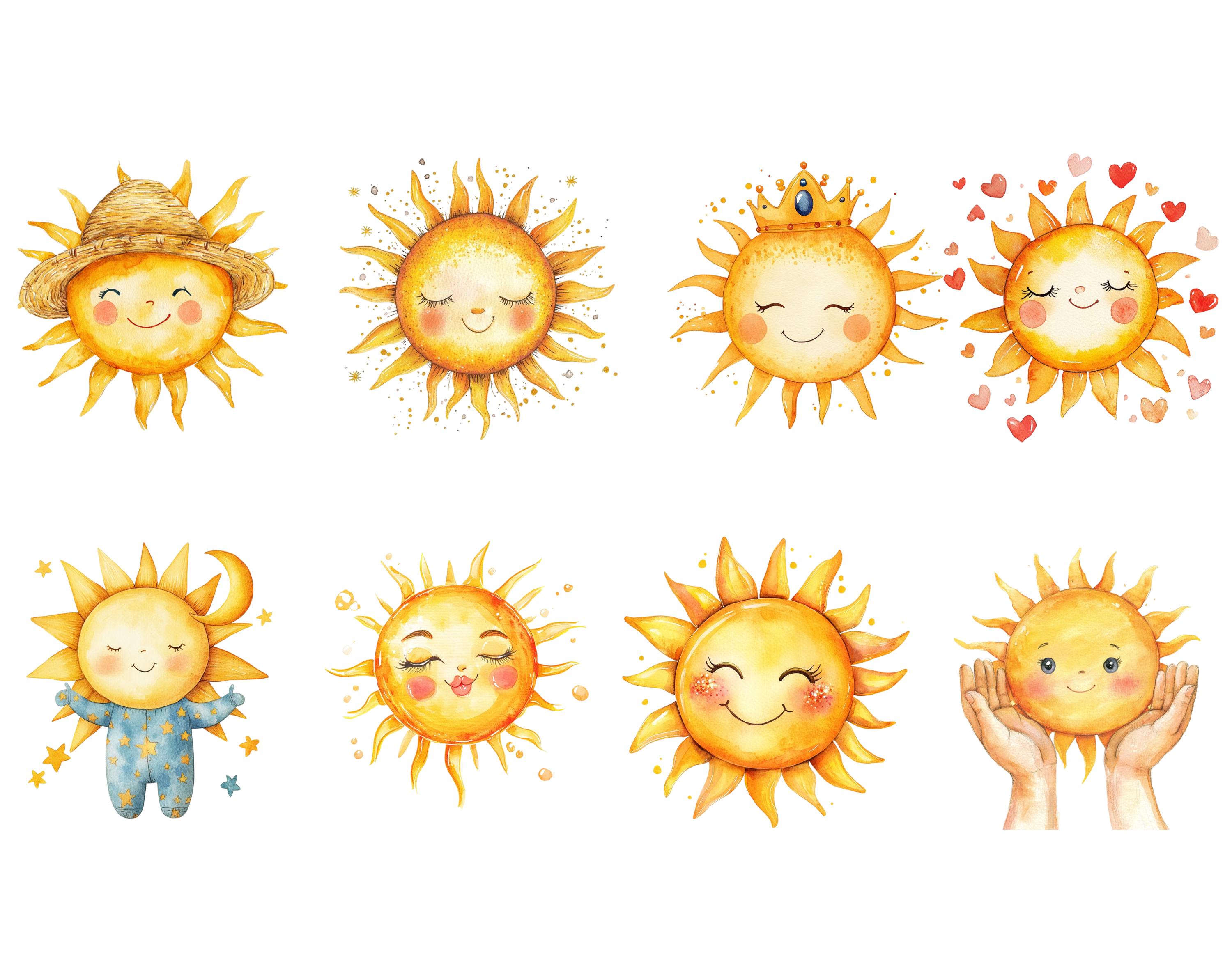 Watercolor Sun Clipart Png Bundle, Sun Clipart Set, Sun Png, Boho ...