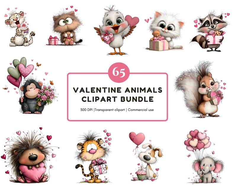 Valentine Animals Clipart Bundle, Watercolor Valentine's Day Animals ...