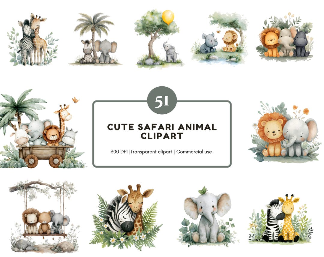 Safari Animal Clipart Watercolor, Cute Safari Animal Png, Baby Shower ...