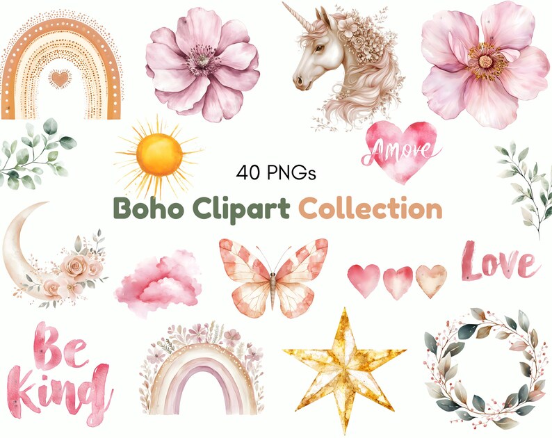 Watercolor Boho Rainbow Clipart Png Bundle, Boho Rainbow Clipart, Boho ...