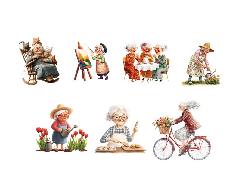 Funny Old Lady Clipart Bundle Png, Watercolor Granny Clipart, Modern ...